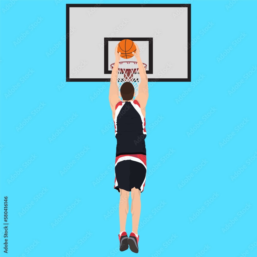 Basketball player jumping and shooting ball into the hoop, vector ...