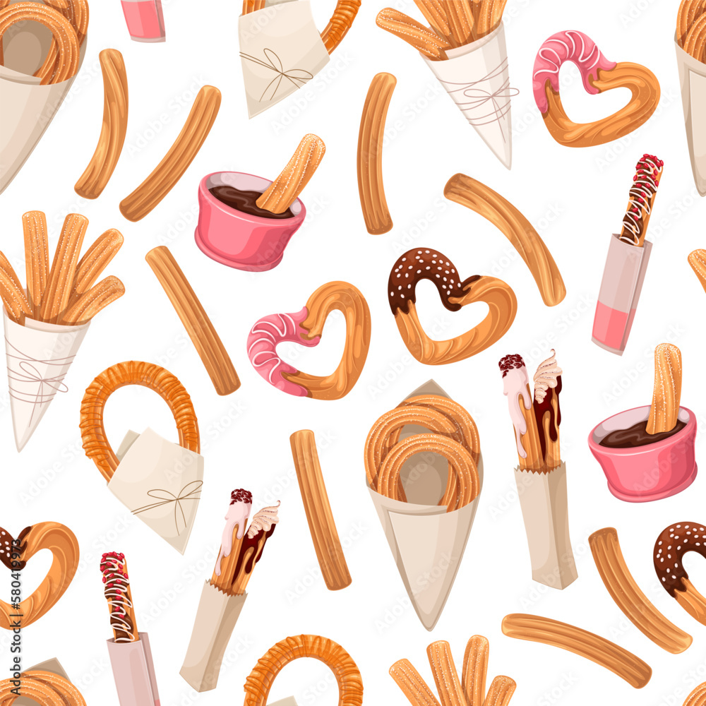 Churros seamless pattern vector illustration. Cartoon isolated churros ...