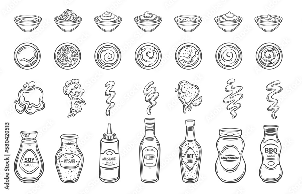 Sauces outline icons set vector illustration. Line hand drawing plastic ...