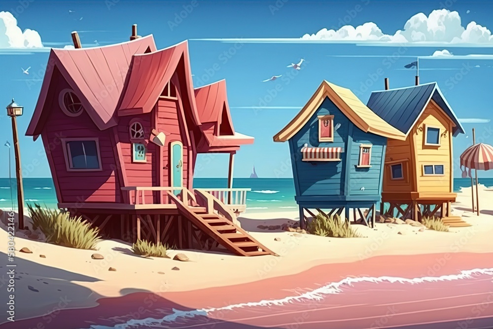 cartoon illustration, beachside bungalow, generative ai Stock ...