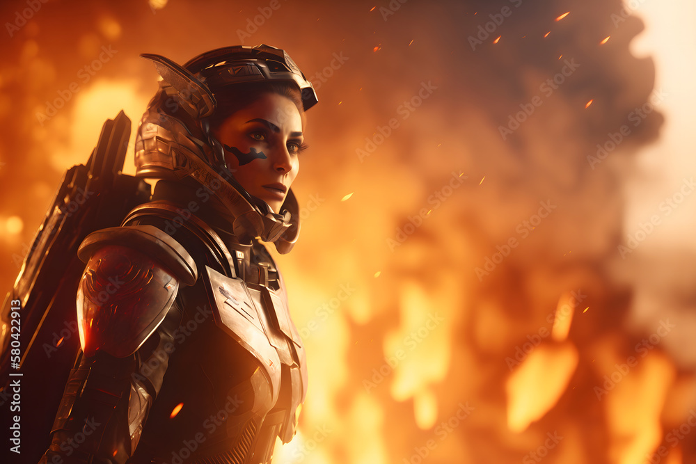 Cyberpunk concept. Brave cyberpunk warrior girl stands against the ...