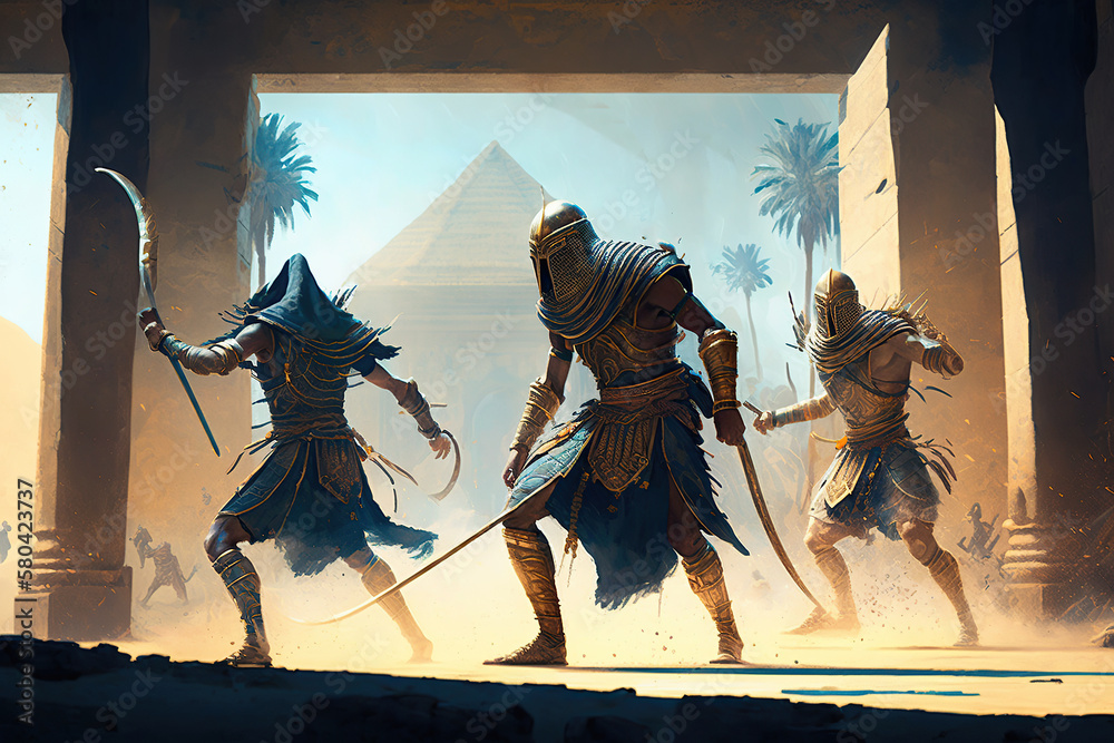 Ancient Egyptian warrior attacking ancient 3 assyrian soldiers, dynamic ...