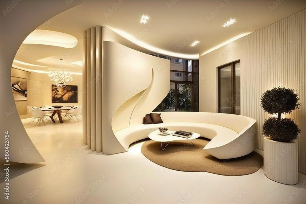Environment, small lobby, white curved feature wall, white linear ...