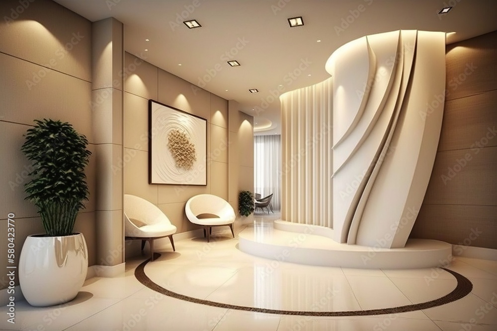 Environment, small lobby, white curved feature wall, white linear ...