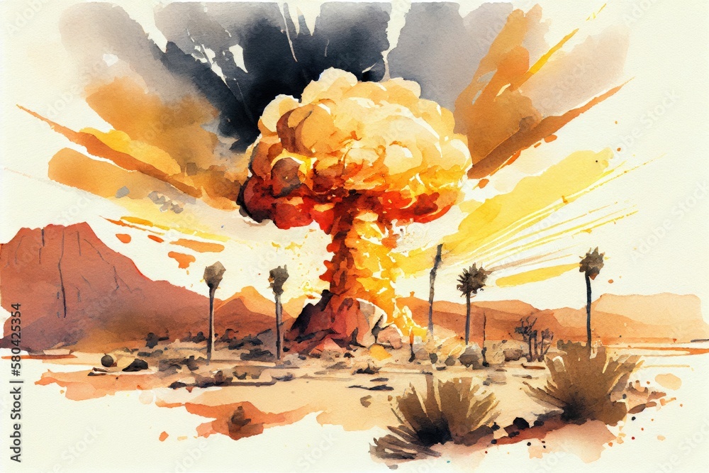Watercolor Illustration Depicting the Devastating Impact of an Atomic ...