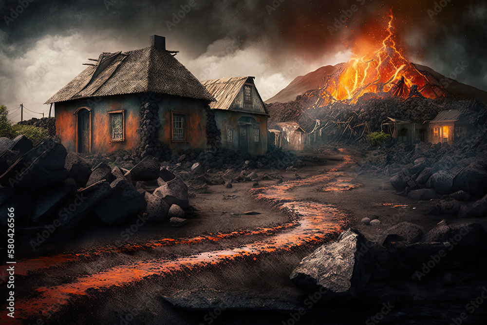 Destroyed buidings in city after volcano eruption. Abandoned village ...