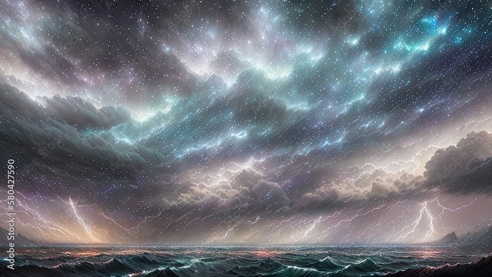 Stockillustratie Starry Tempest, A night sky alive with swirling storms ...