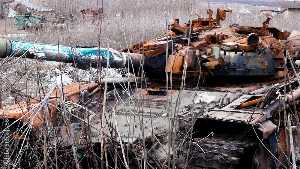 A knocked-out tank with a rusted turret stands in tall, dry grass in a ...