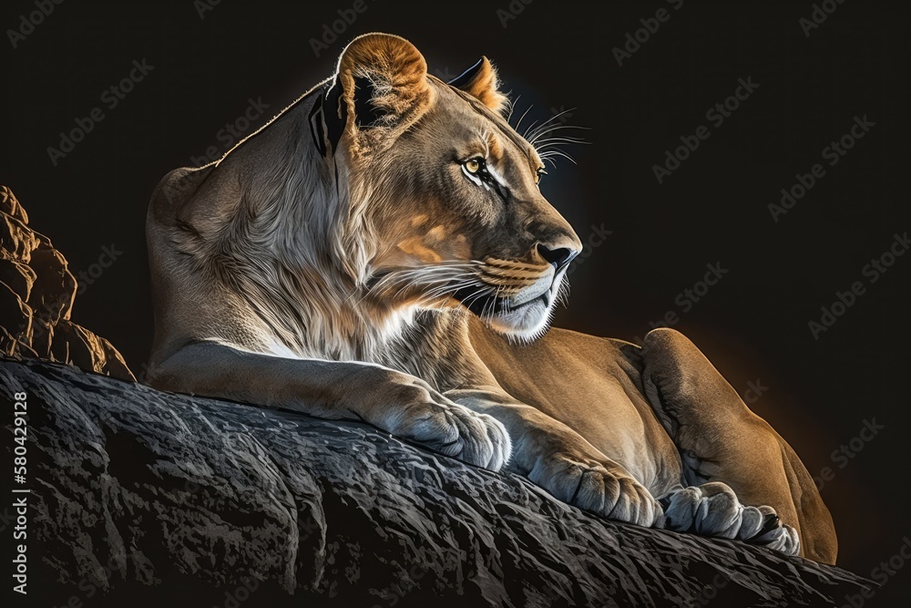 Lioness sleeping on a rock. Predator sitting back and looking off into ...