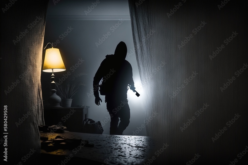 The silhouette of a thief inside a dark house, robbery attempt. Ai ...