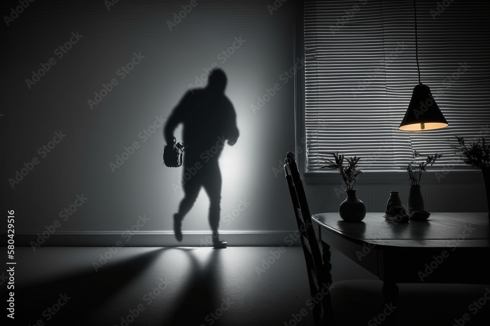 The silhouette of a thief inside a dark house, robbery attempt. Ai ...