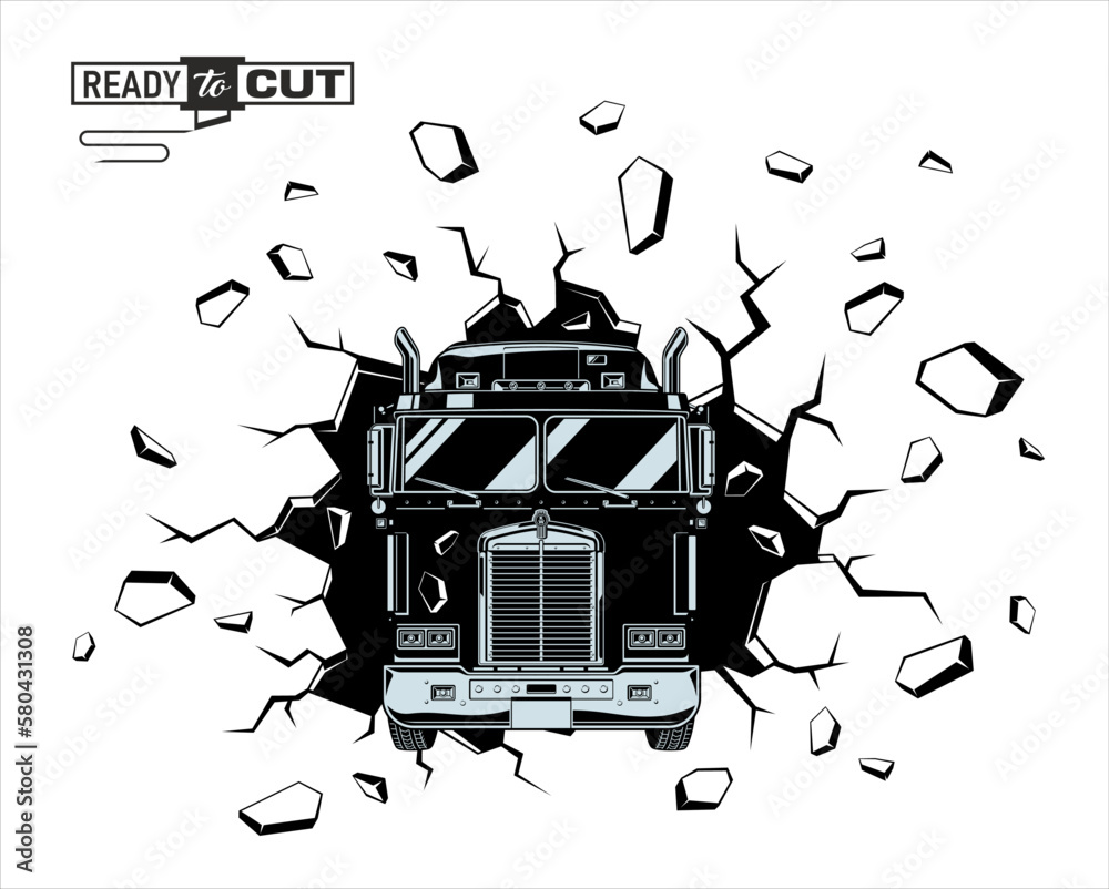 Classic american semi truck. Isolated vehicle with crashed wall, hole ...