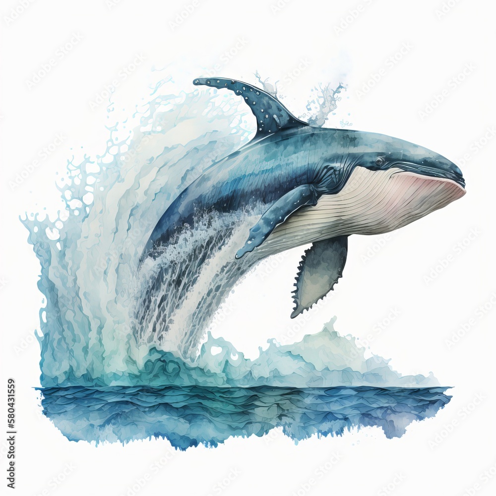 Watercolor drawing of a whale jumping out of a foamy ocean made with ...