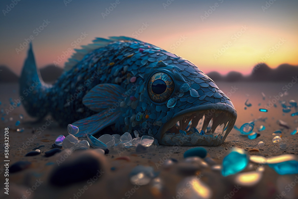 A dead fish off the polluted ocean of plastic pollution, and toxic ...