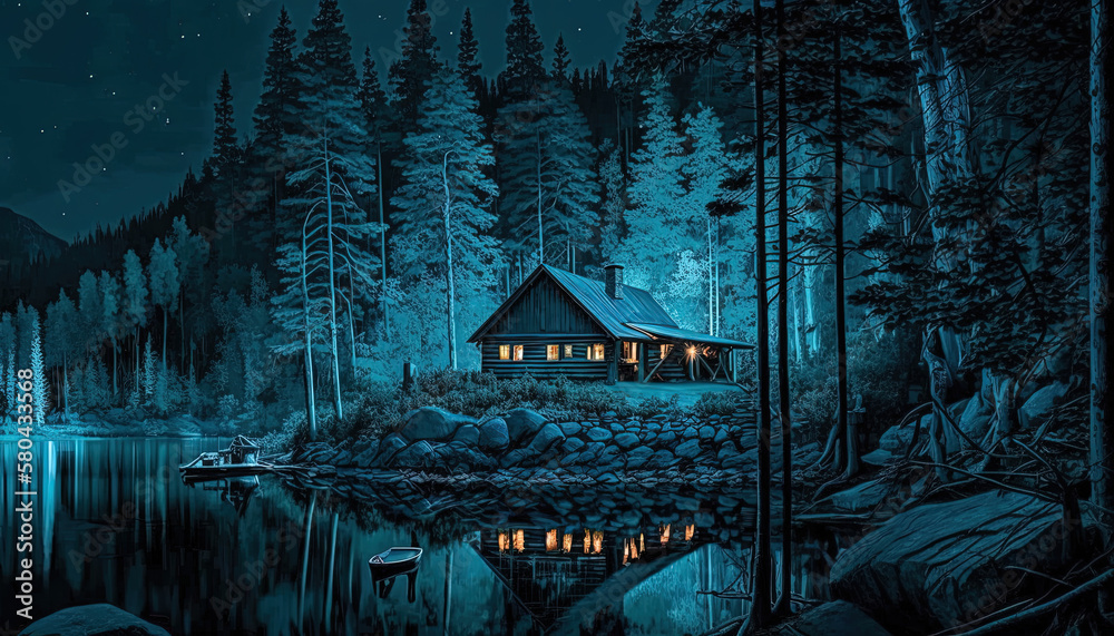 Log cabin in the woods by a lake at night by generative AI Stock ...