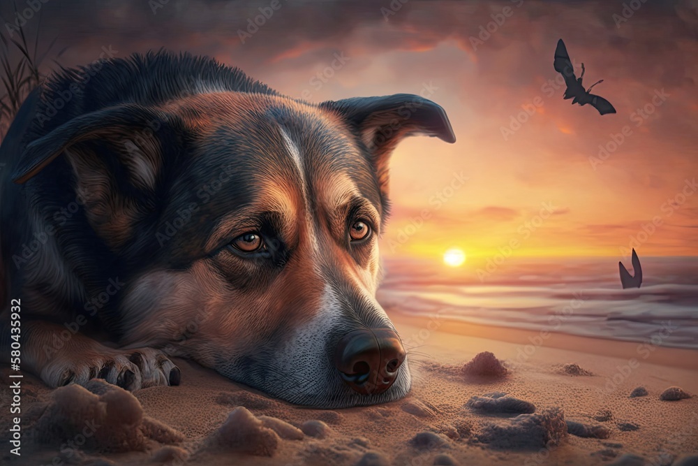 On the beach, a stray dog is sleeping. Sad eyes look out at the sunset ...