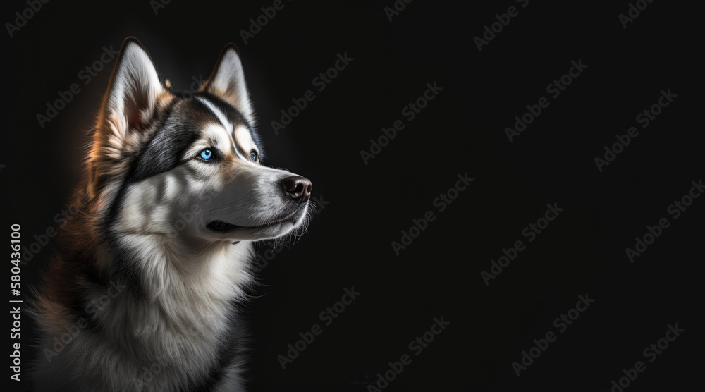 portrait of a Siberian Husky, photo studio set up with key light ...