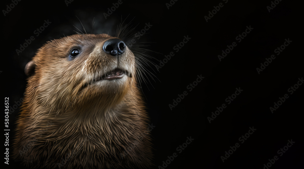 portrait of a happy smiling bever, photo studio set up with key light ...