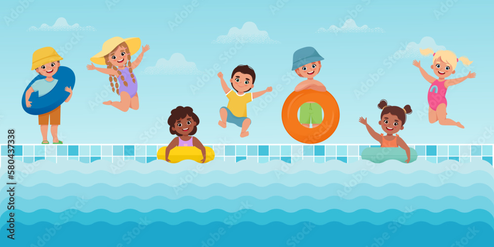 Kids jumping and playing near the pool. Happy Children in summer ...