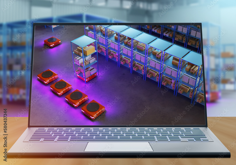 Foto de Automated warehouse. Laptop with robotic storage in screen ...