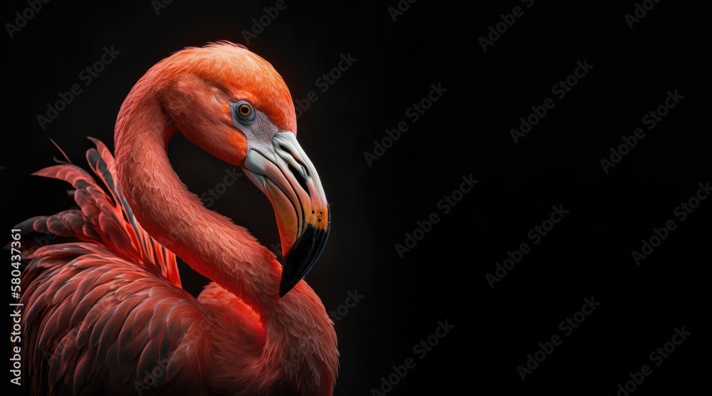 portrait of a flamingo, photo studio set up with key light, isolated ...