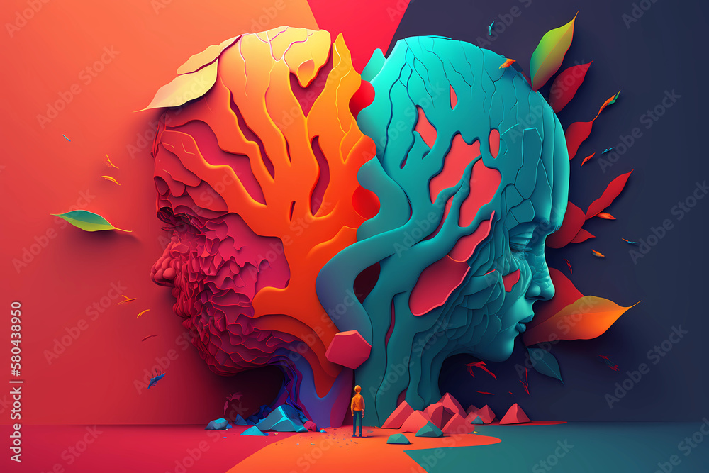 Two abstract faces with opposite emotions. The concept of duality. The ...