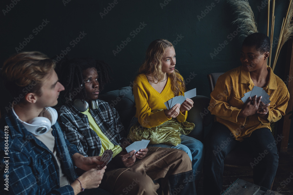 Diverse group of young people, friends, college students gathering ...