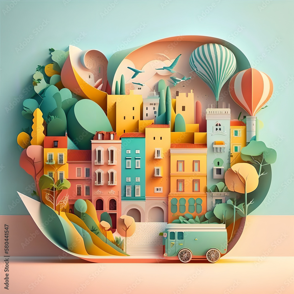 illustration of Lisbon in a dreamy atmosphere. The vivid color palette ...