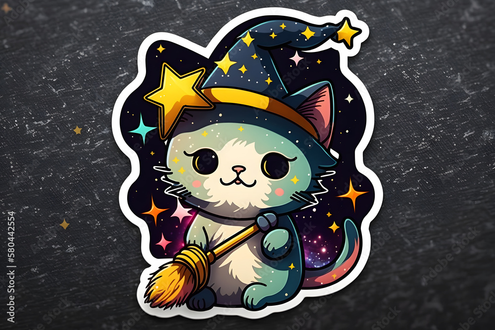 Cute cartoon sticker with a cat wizard. Neural network AI generated art ...