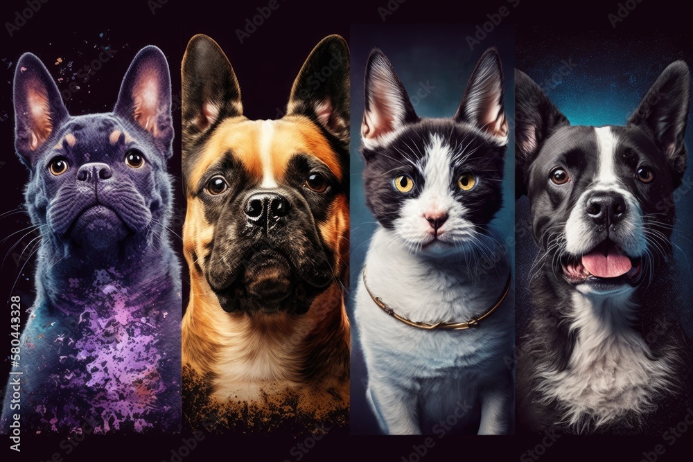 Cute and stylish dogs and cats striking poses. Cute pets happy. All of ...