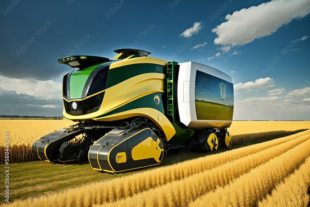 Agricultural equipment of the future. Futuristic harvester. Green ...