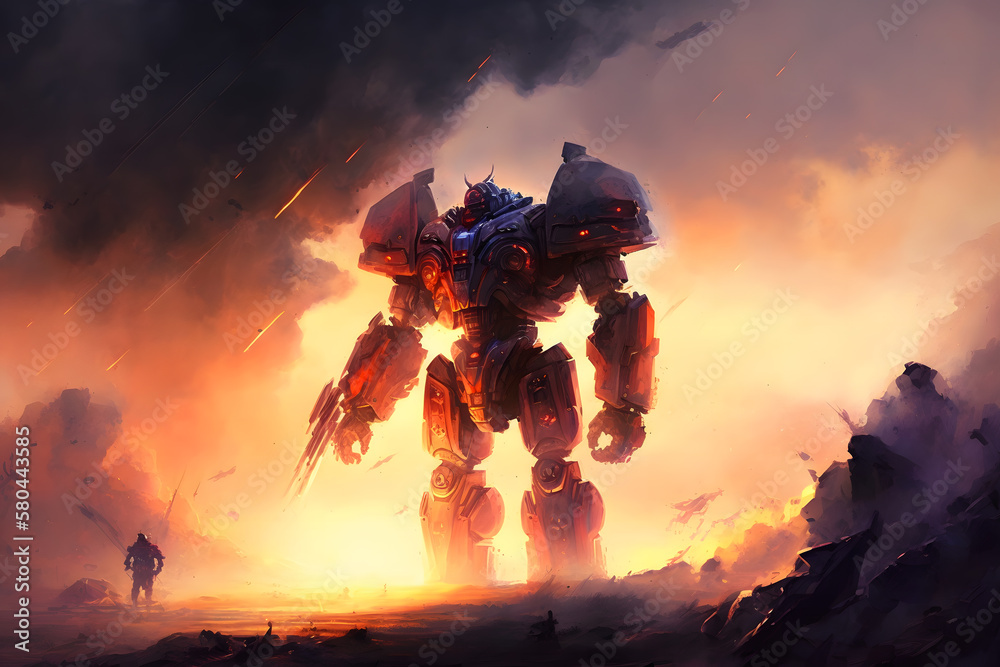 Post apocalypse concept, uprising of robots, battle of man and cyborg ...