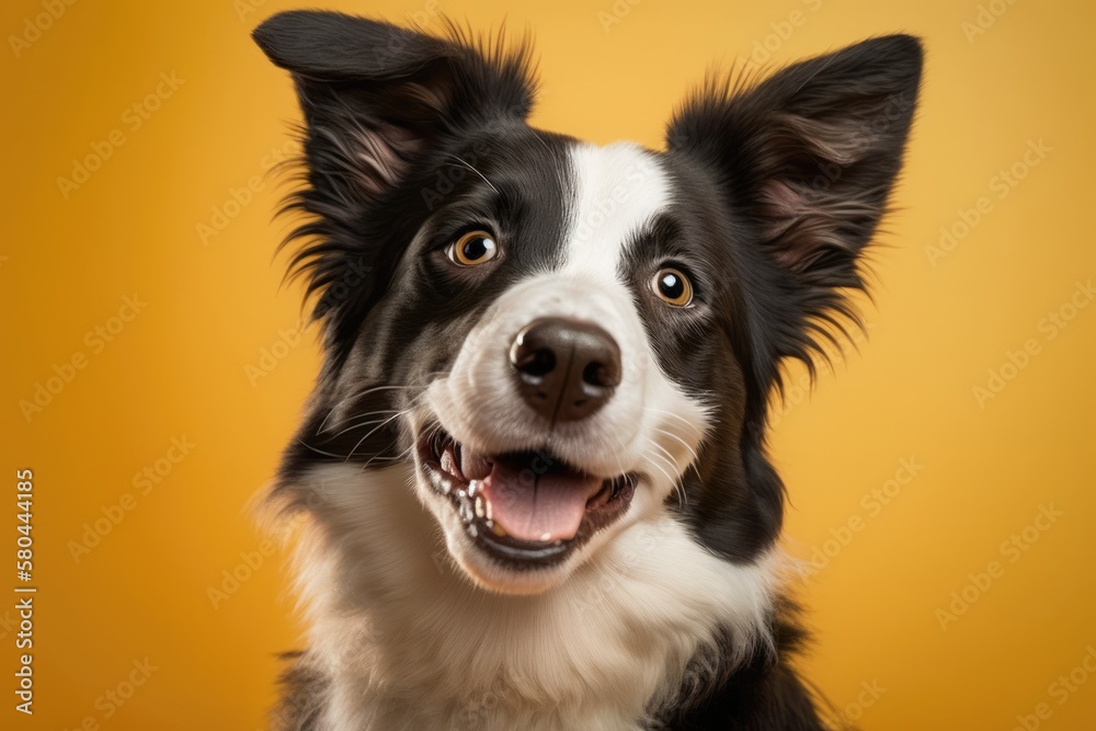 Cute puppy dog border collie smiling in studio isolated on yellow ...