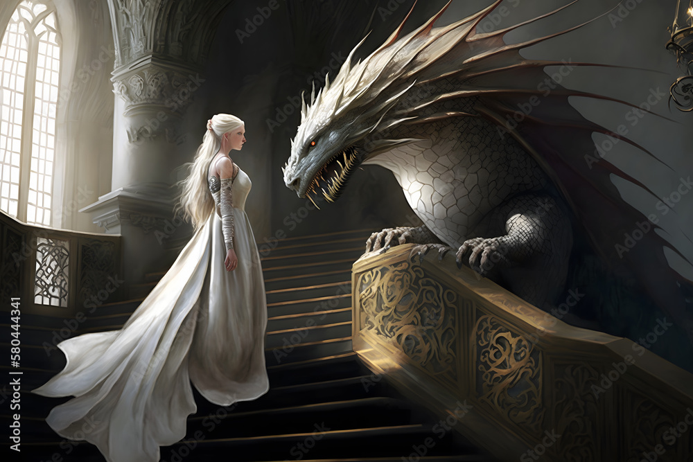 Fantasy princess and beautiful dragon in the castle. Neural network AI ...