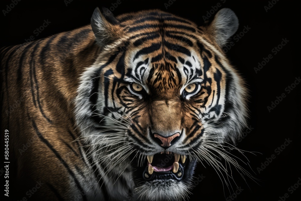 Face of an angry Sumatran tiger, angry animal, head of a Sumatran tiger ...