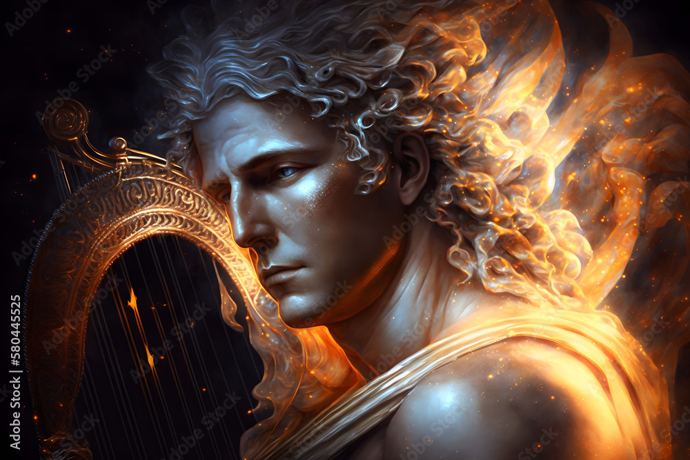 Beautiful Greek god plays the harp against the background of fire ...