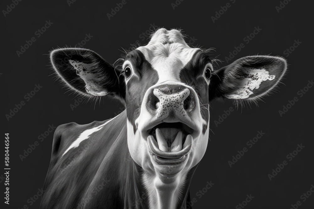 Cow portrait with its mouth open and its teeth, tongue, and gums ...