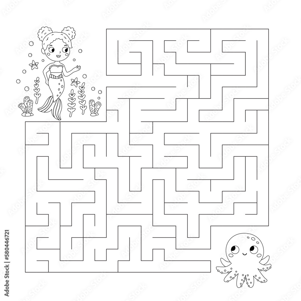 Coloring page. Maze game. Cute cartoon mermaid find way to her friend ...