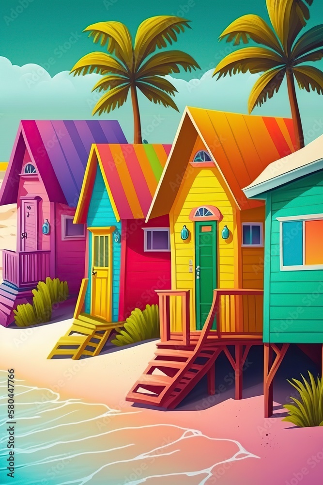 cartoon illustration, magnificent beachside houses, ai generative Stock ...