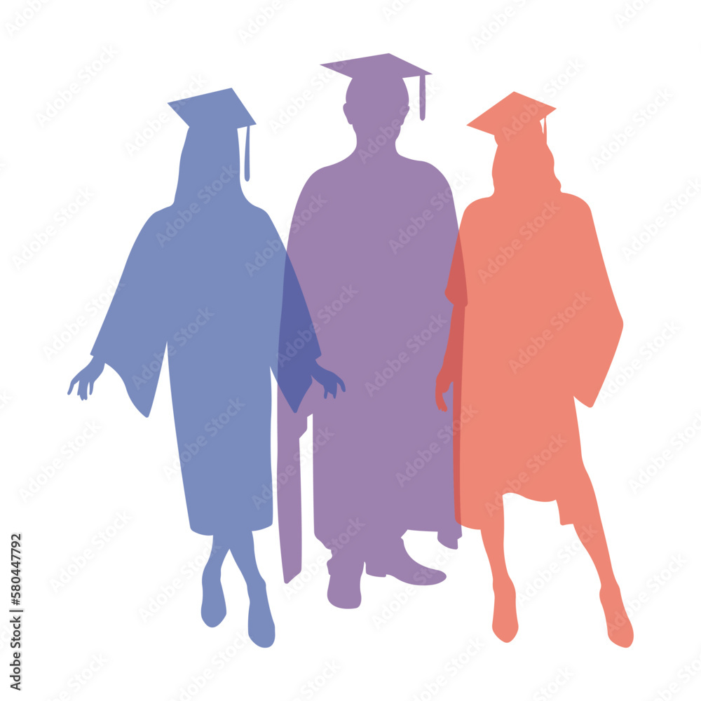 Silhouettes of college,university graduates in graduation cap and gown ...
