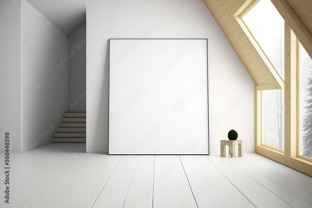 Mockup of a sagging, square timber frame in a white room with a ...