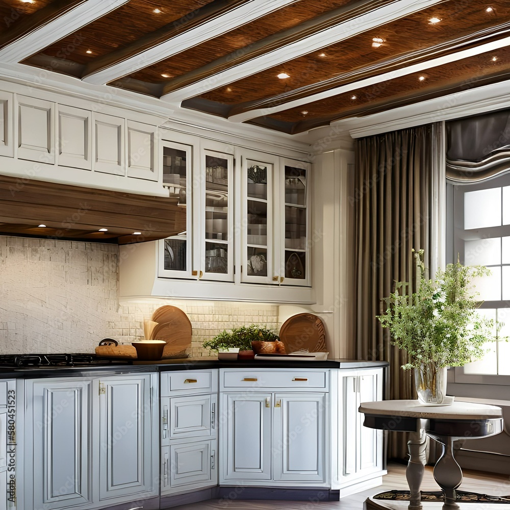 16 Apgorgeous kitchen with a coffered ceiling and apron sink1 ...