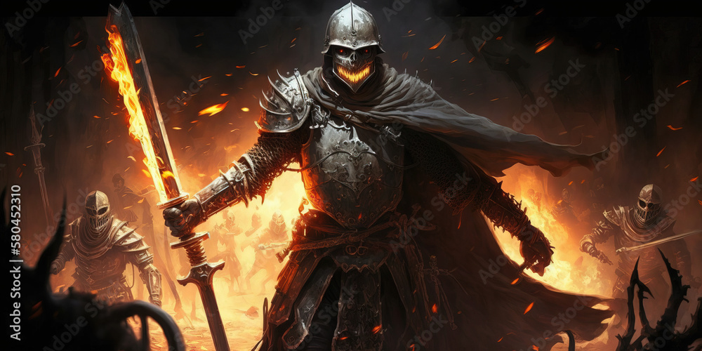Noble knight w/ flaming sword charges vs undead army. Captured in epic ...