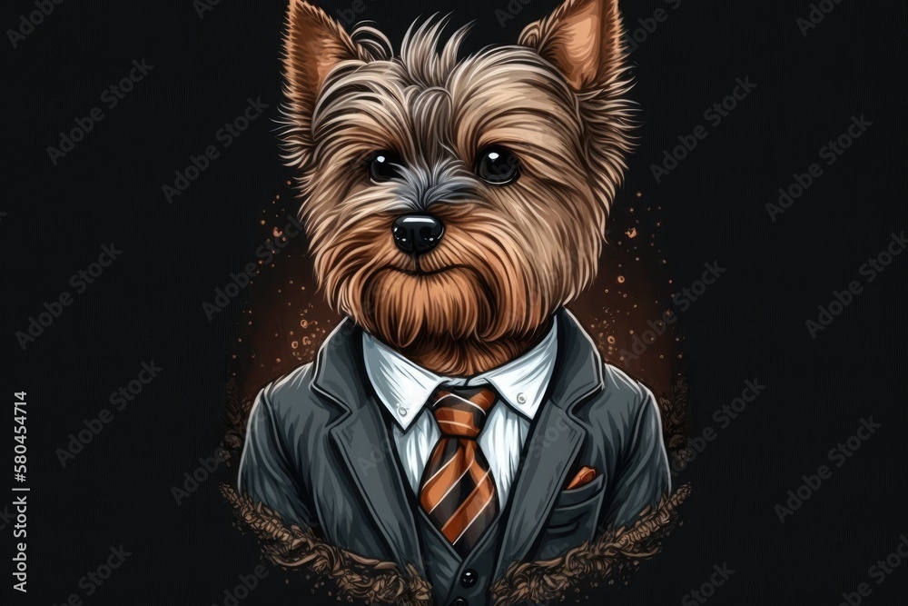 A proud Yorkie in a suit and tie for business class. A portrait of an ...