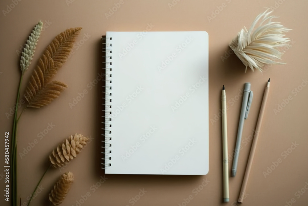 Flattened spiral flip notepad with a sheet of white paper. A laptop ...