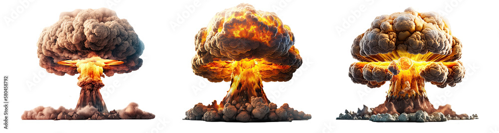 Set of nuclear explosions and mushroom cloud isolated on transparent background - Generative AI ...