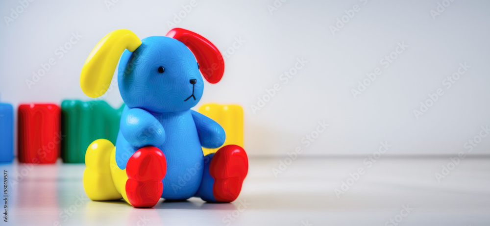 Children's toys blue hare, bright yellow and red cubes, autism symbols ...