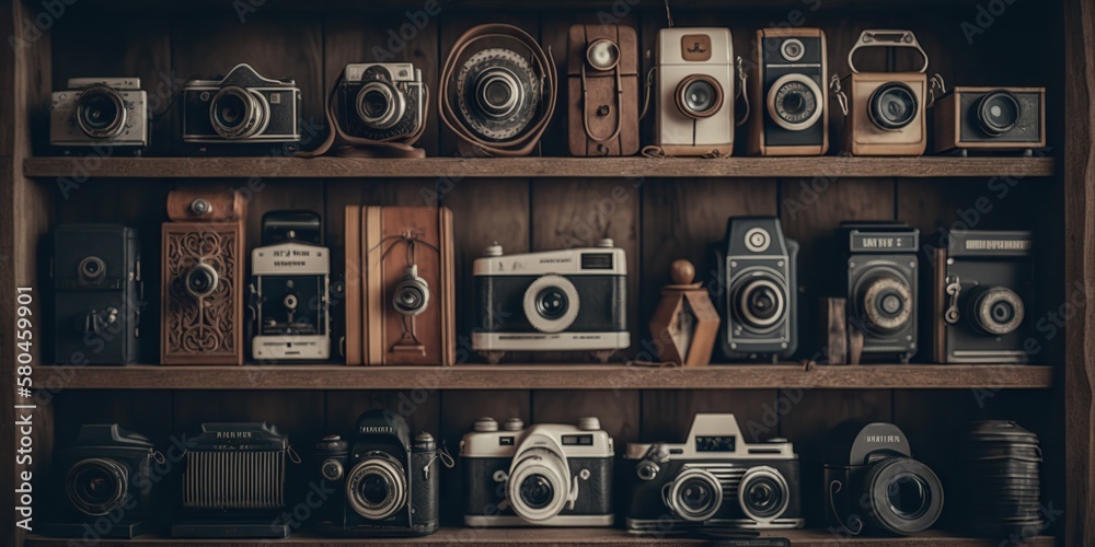 Impressive collection of vintage cameras displayed on wooden shelf with ...