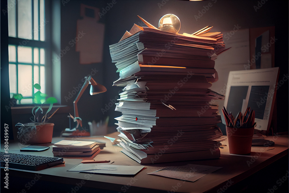 Giant pile of paperwork stacked on table. Pressure of paperwork. Giant ...