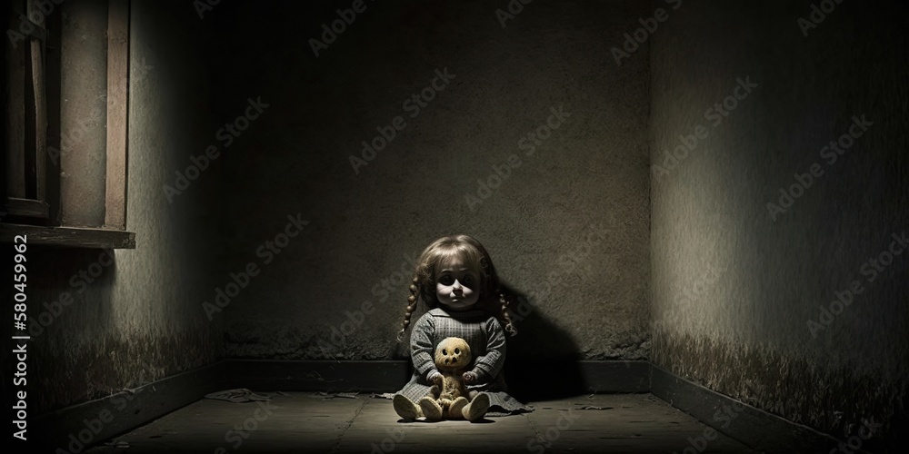 creepy doll sitting in dark corner of dimly lit room, concept of ...